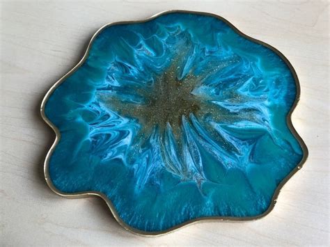 Teal And Gold Geode Inspired Coaster Centerpiece Etsy Diy Resin