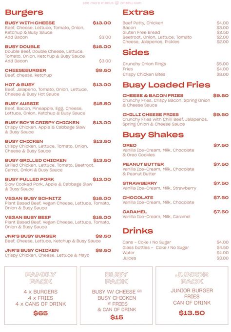 Menu At Busy Burgers Restaurant Mentone