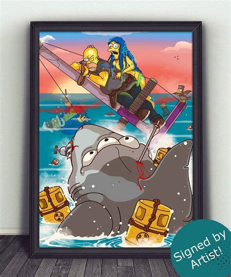 Jaws Simpsons Style Art Print Limited Edition Signed By Artist