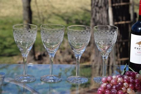 Antique Needle Etched Crystal Wine Glasses Set Of 4 Fostoria C 1900