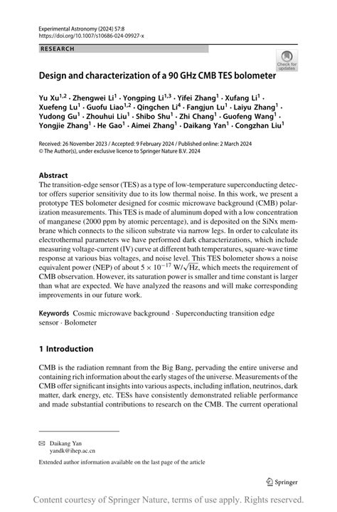 Design And Characterization Of A 90 Ghz Cmb Tes Bolometer Request Pdf