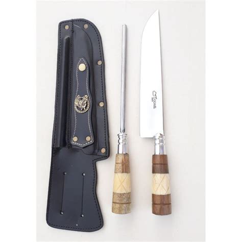 Facas Para Churrasco Artesanal Kit Faca E Chaira 9 Polegadas De Lâmina Inox Madeira E Osso Of01