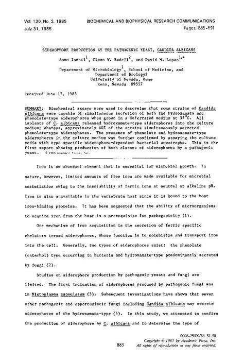 Pdf Siderophore Production By The Pathogenic Yeast Candida Albicans