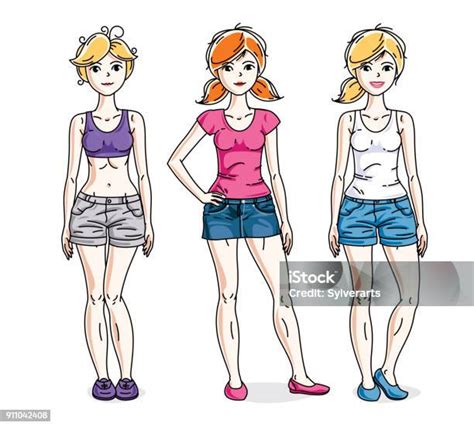 세련 된 캐주얼 옷에서 매력적인 젊은 여자 그룹 서 벡터 사람 그림을 설정합니다 T 셔츠에 대한 스톡 벡터 아트 및 기타 이미지 T 셔츠 가냘픈 감정 Istock