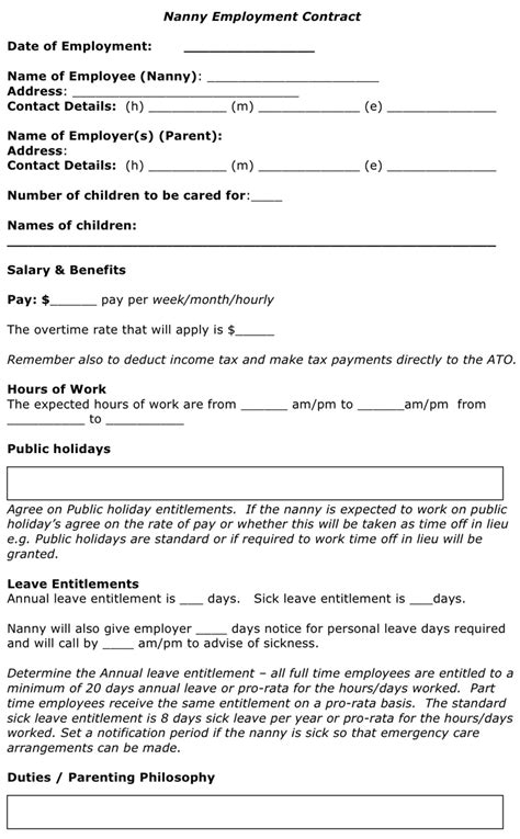Editable Nanny Contract Template Word Artofit