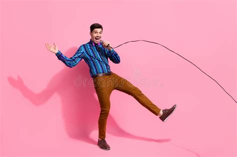Full Length Photo Of Funky Young Funny Classy Man Hold Microphone And