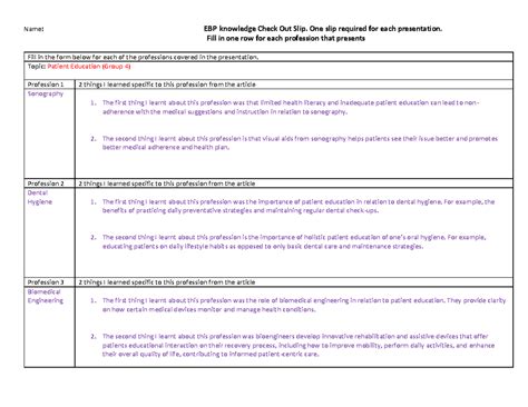 Ebp Learning Knowledge Check Out Slip Group Presentations Patient