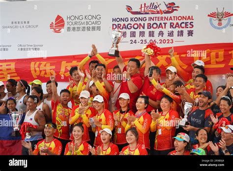 The Winning Teams Of The Dragon Boat Races Pose On The Podium The Hong Kong International