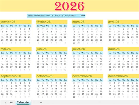 📅 Calendrier Annuel Excel 2026 Modèle Gratuit à Télécharger