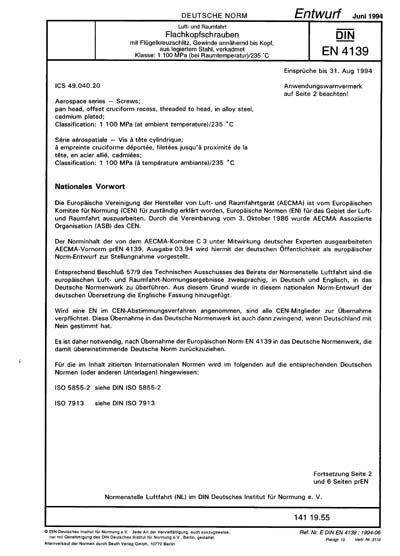 Din En 4139 1994 Aerospace Series Screws Pan Head Offset Cruciform Recess Threaded To Head