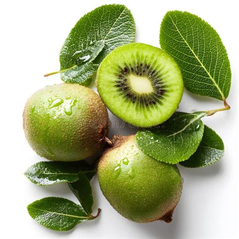 Two Whole Kiwis And One Sliced Kiwi With Green Leaves Isolated On
