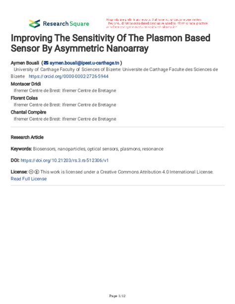 Pdf Improving The Sensitivity Of The Plasmon Based Sensor By