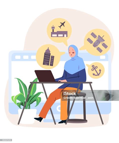 Scada 시스템을 제어하기 위해 책상에 노트북 앞에 앉아 히잡 스카프를 가진 여성은 물리적 프로세스 현대 만화 플랫 컬러 스타일 벡터 디자인을 제어 개념에 대한 스톡 벡터