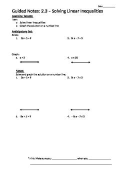 Solving Linear Inequalities Variables On One Side Notes TpT