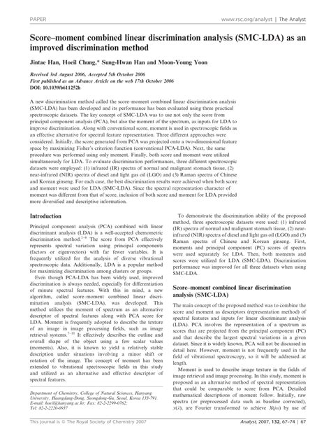 Pdf Score Moment Combined Linear Discrimination Analysis Smc Lda As An Improved