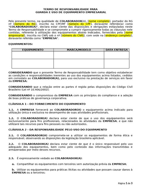 Minuta Termo De Responsabilidade Equipamento Pdf Conformidade