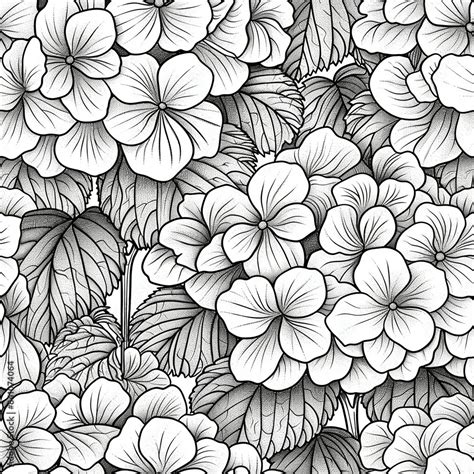 A Detailed Line Drawing Of A Hydrangea Cluster With Its Numerous Small