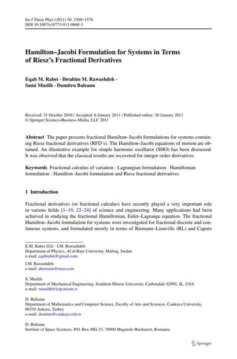 Pdf Hamilton Jacobi Formulation For Systems In Terms Of Rieszs Fractional Derivatives