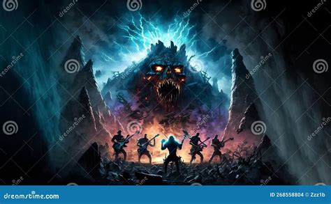 Hellish Heavy Metal Rock Musicians Band With Electric Guitars In Rock