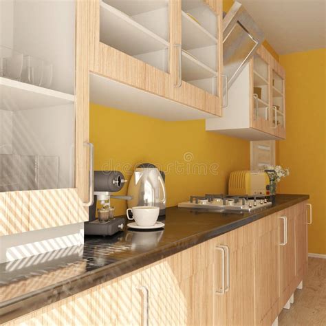 Render Of 3d Contemporary Kitchen Stock Illustration Illustration Of