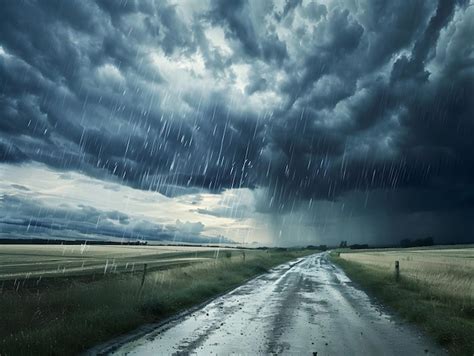 Dramatic Stormy Landscape With Heavy Rain Pouring Down Over Countryside