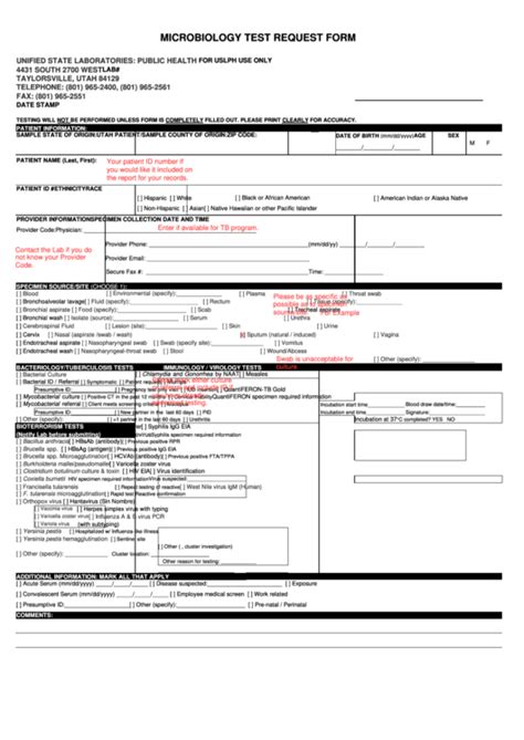 Microbiology Test Request Form Unified State Laboratories Printable