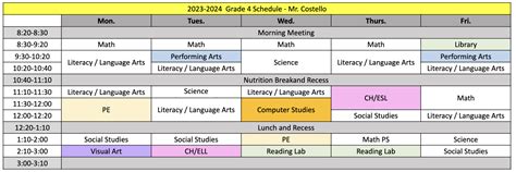 Grade 4 Weekly Schedule