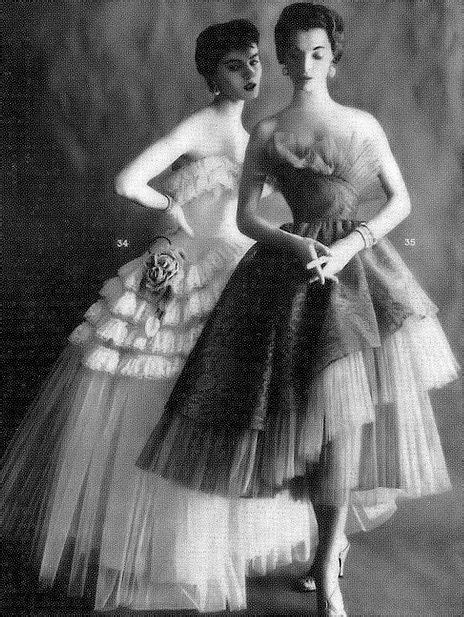 1953 Patsy Shally L And Model In Tulle Ball Gown And Party Dress By Cotillion Vogue Augus