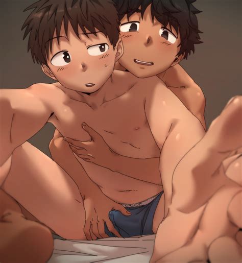 Glimo Absurdres Highres 2boys Barefoot Bed Black Hair Blue Boxer