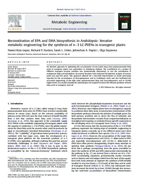 Pdf Reconstitution Of Epa And Dha Biosynthesis In Arabidopsis