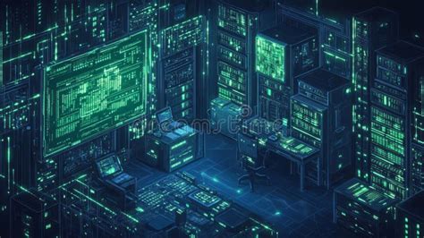 Digital Data Center Isometric View With Green Binary Code And