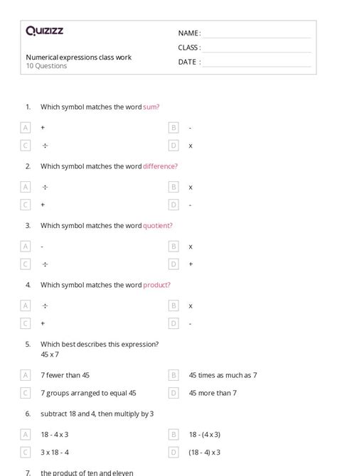 Evaluating Expressions Worksheets For Rd Grade On Quizizz Free Printable