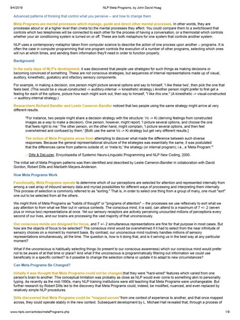 Brain Nlp Meta Programs By John David Hoag Pdf Perception Experience