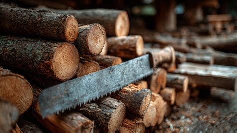 Logs Stacked In A Lumber Yard With A Hand Saw Resting On Top During