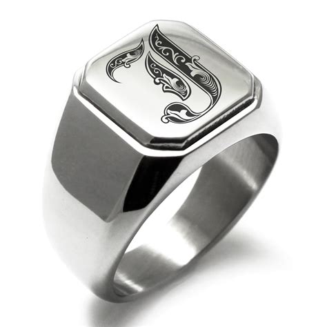 Nololo Stainless Steel Letter J Initial Royal Monogram Engraved Square Flat Top Biker Style