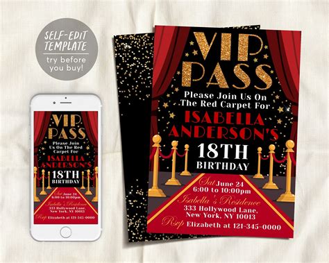 Vip Pass Birthday Invitation Editable Template Hollywood Red