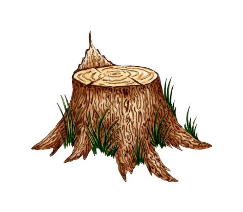 Watercolor Illustration Of A Tree Stump With Grass Cut Tree Trunk With
