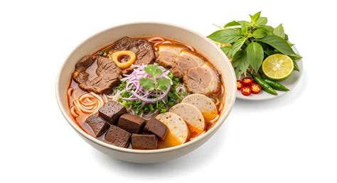 Traditional Vietnamese Bun Bo Hue Noodle Soup With Beef And Herbs