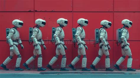 Row Of Humanoid Robots Walking In Sync Against A Red Wall Stock