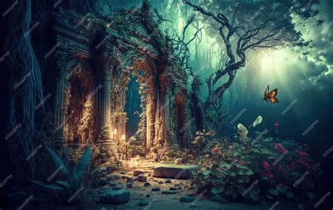 Premium Photo Fantasy Temple In Jungle At Night Old Building Ruins In