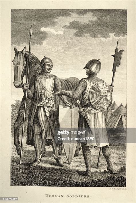 Early Medieval Norman Knight And Soldier Chain Mail Armour Weapons Spear And Bill War Horse High
