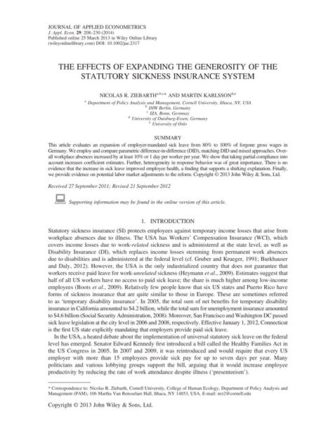 Pdf The Effects Of Expanding The Generosity Of The Statutory Sickness