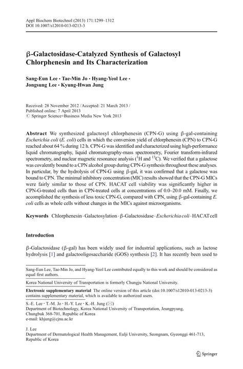 Pdf β Galactosidase Catalyzed Synthesis Of Galactosyl Chlorphenesin And Its Characterization