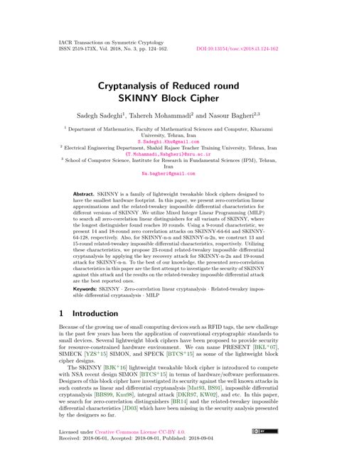 Pdf Cryptanalysis Of Reduced Round Skinny Block Cipher