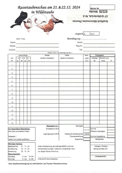 Meldebogen Wildetaube 2024 Kv Rgz Greiz