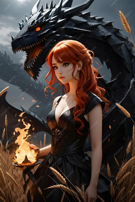 드래곤 워리어와 함께 애니메이션 소녀 애니메이션 소녀 애니메이션 소녀 검은 드레스 애니메이션 소녀 Ai 생성 프리미엄 사진