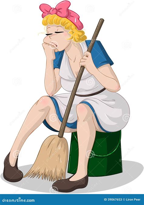 Donna Stanca Con La Scopa Che Si Siede Sul Secchio Illustrazione