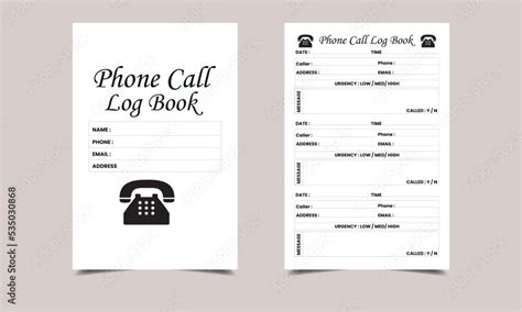 Phone Call Log Book Kdp Interior Design Printable Logbook Stock Vector