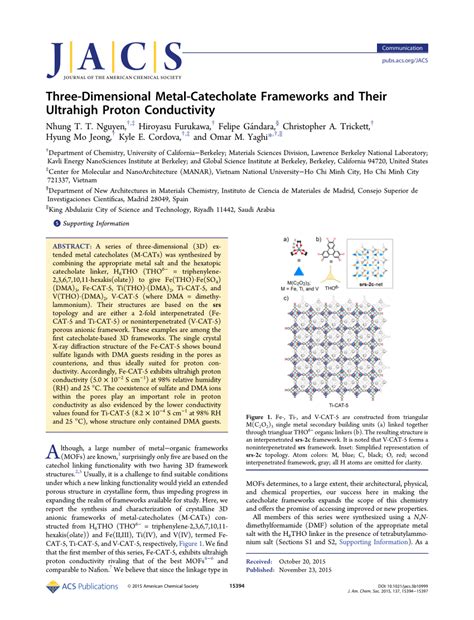 Pdf Three Dimensional Metal Catecholate Frameworks And Their Ultrahigh Proton Conductivity