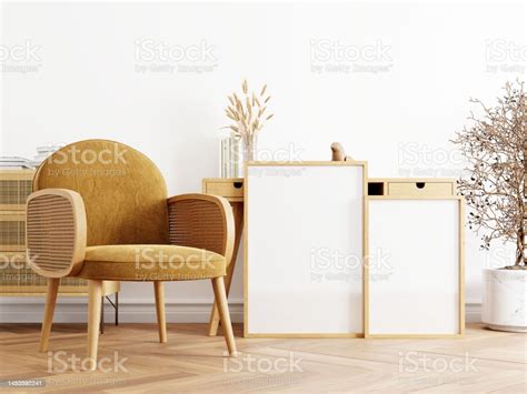 Boho 스타일의 인테리어로 된 프레임과 포스터 모형 3d 렌더링 3d 일러스트레이션 0명에 대한 스톡 사진 및 기타 이미지 0명 3차원 형태 가구 Istock